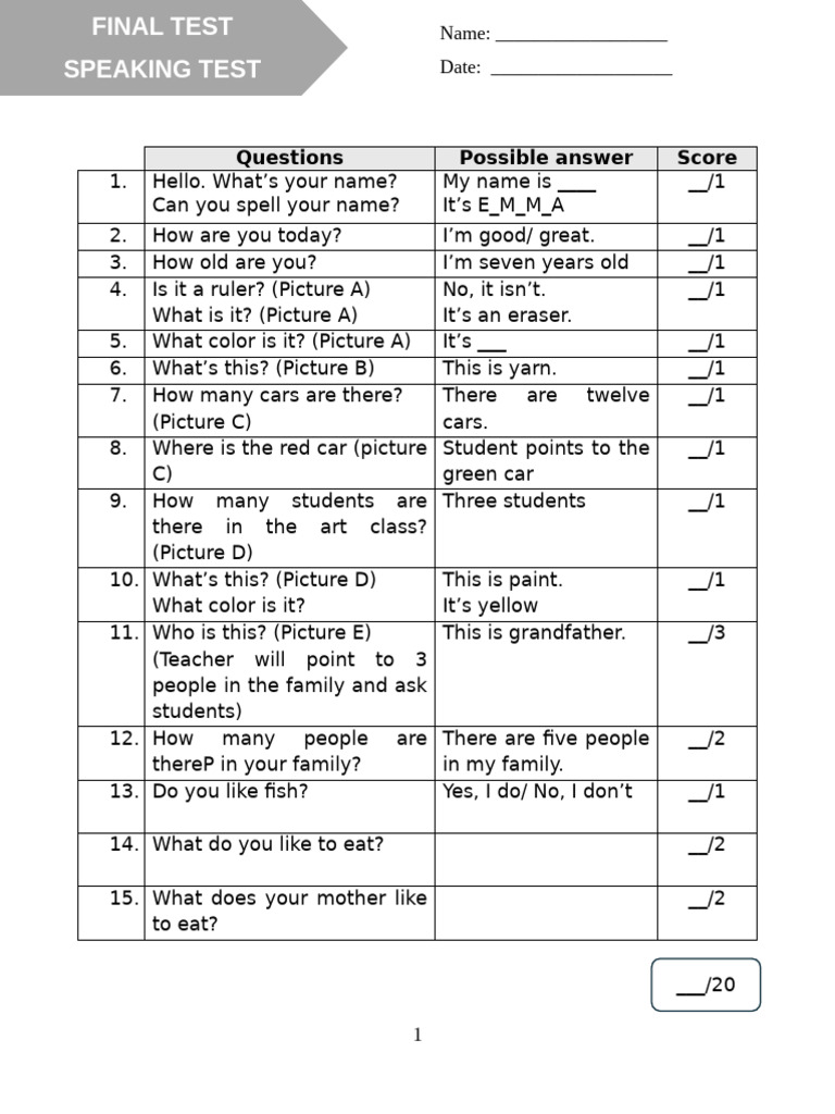 Everybody Up 1 - Speaking Test | PDF