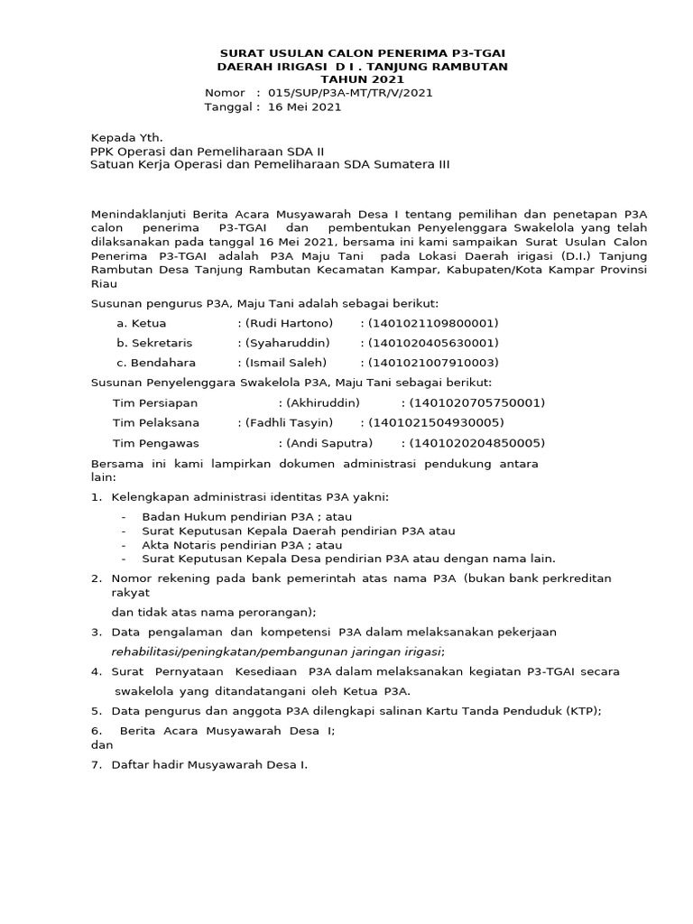 Usulan Penerima P3-TGAI Tanjung Rambutan | PDF