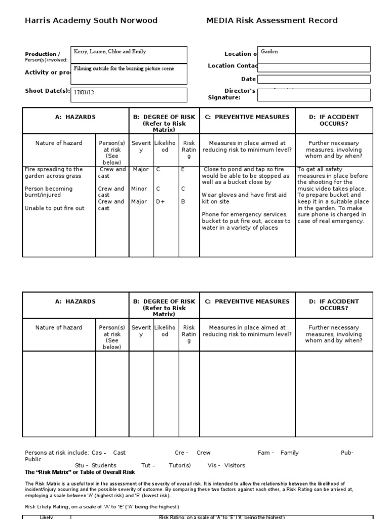 Harris Academy South Norwood MEDIA Risk Assessment Record | PDF