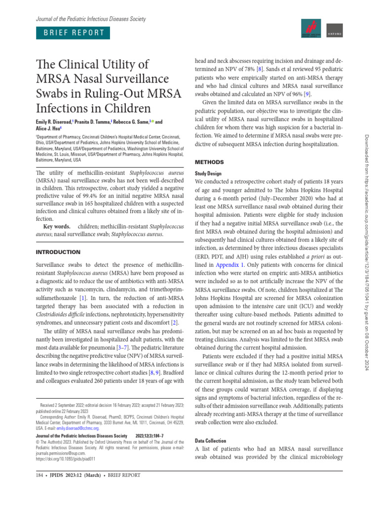 The Clinical Utility of MRSA Nasal Surveillance Swabs in Ruling-Out ...