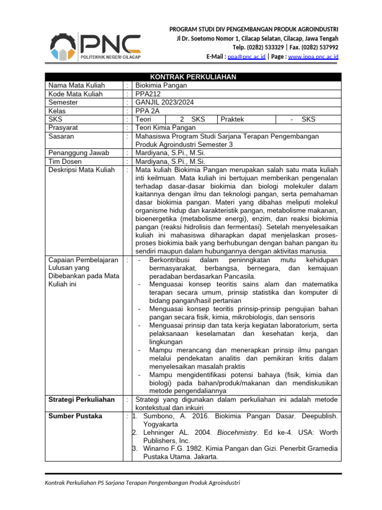 Kontrak Perkuliahan Teori Biokimia Pangan 2A Semester 3 | PDF