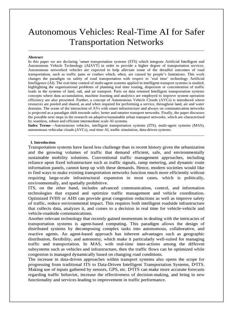 Autonomous Vehicles Real-Time AI For Safer Transportation Networks | PDF