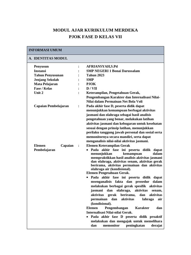 MODUL AJAR KURIKULUM MERDEKA BOLA VOLY | PDF