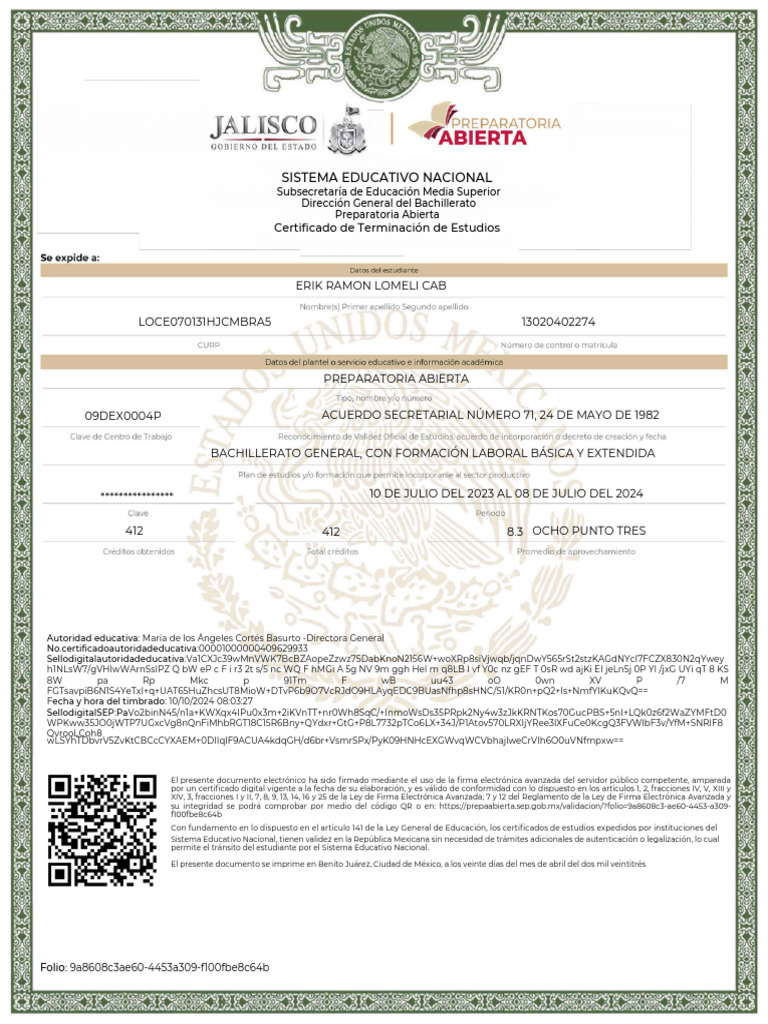 Certificado Prepa Abierta Estatal ERIK RAMON LOMELI CABRERA 202 - 20241010 - 165135 - 0000 | PDF