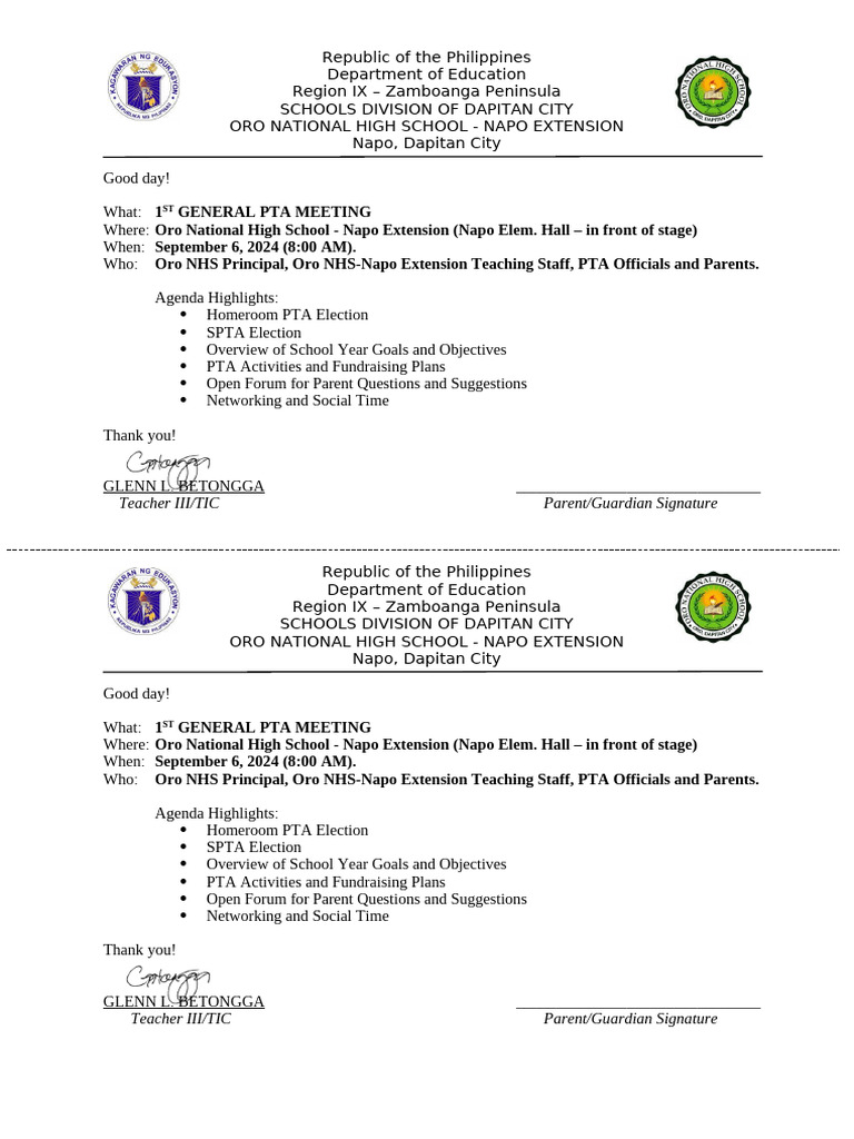 1st gen pta meeting letter | PDF