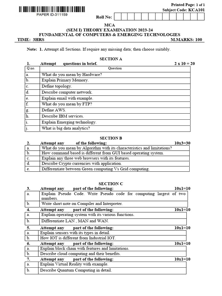 Mca 1 Sem FCET Mar 2024 | PDF