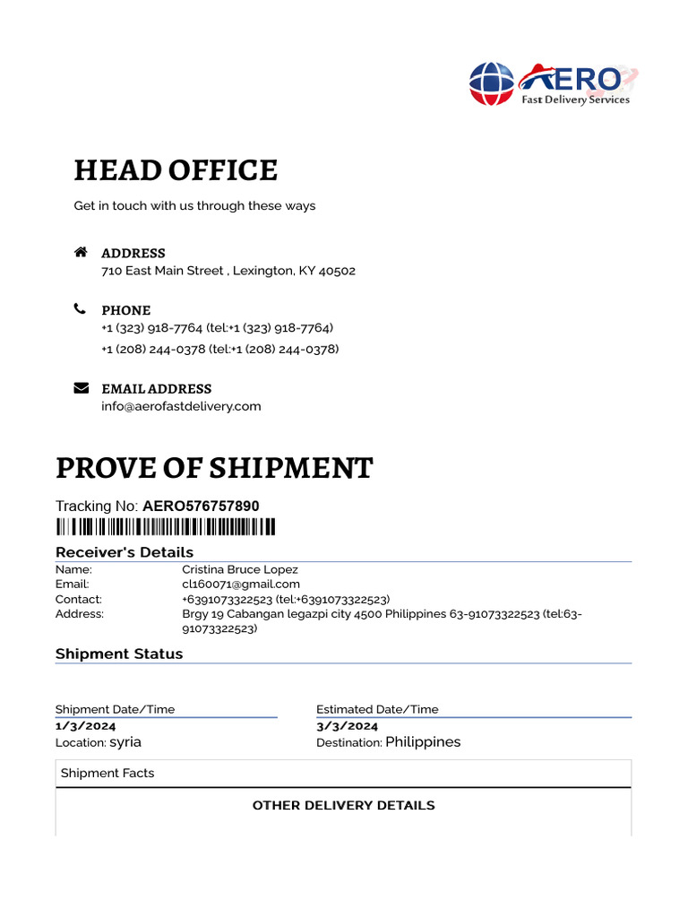 Prove of Shipment - Aero Fast Delivery Services | PDF