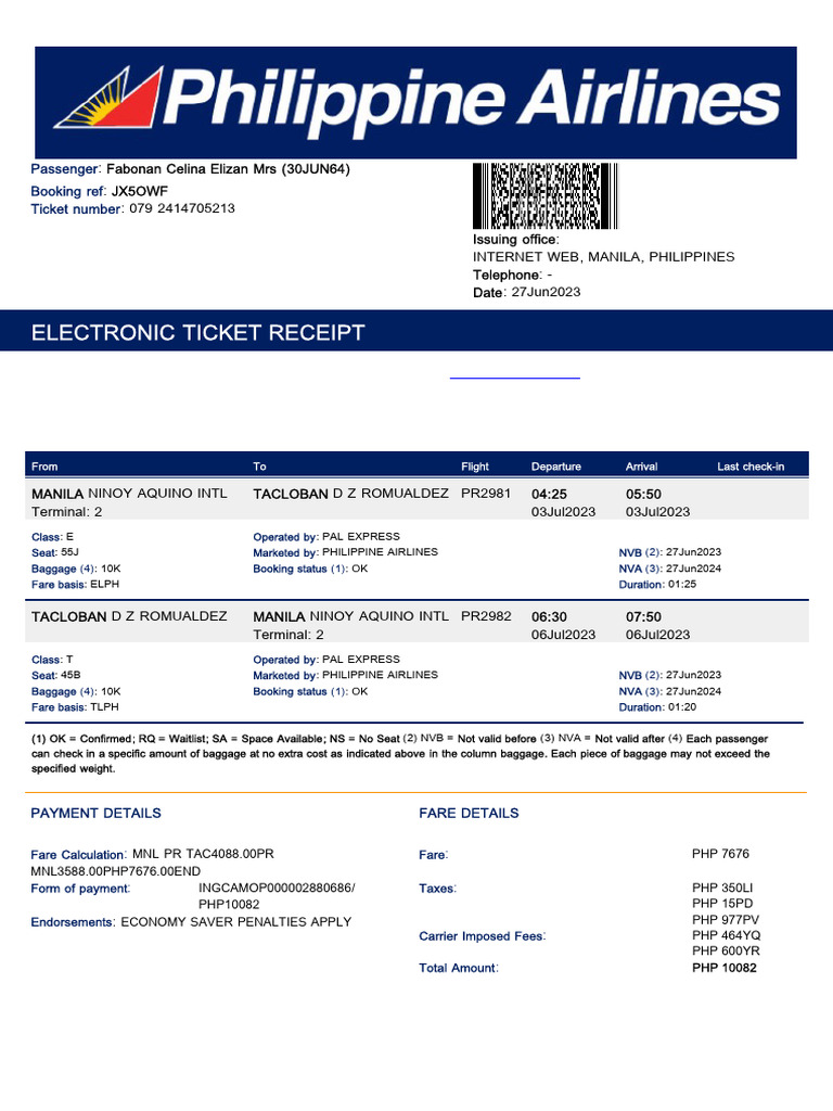 Electronic Ticket Receipt 03jul For Celina Elizan Fabonan | PDF