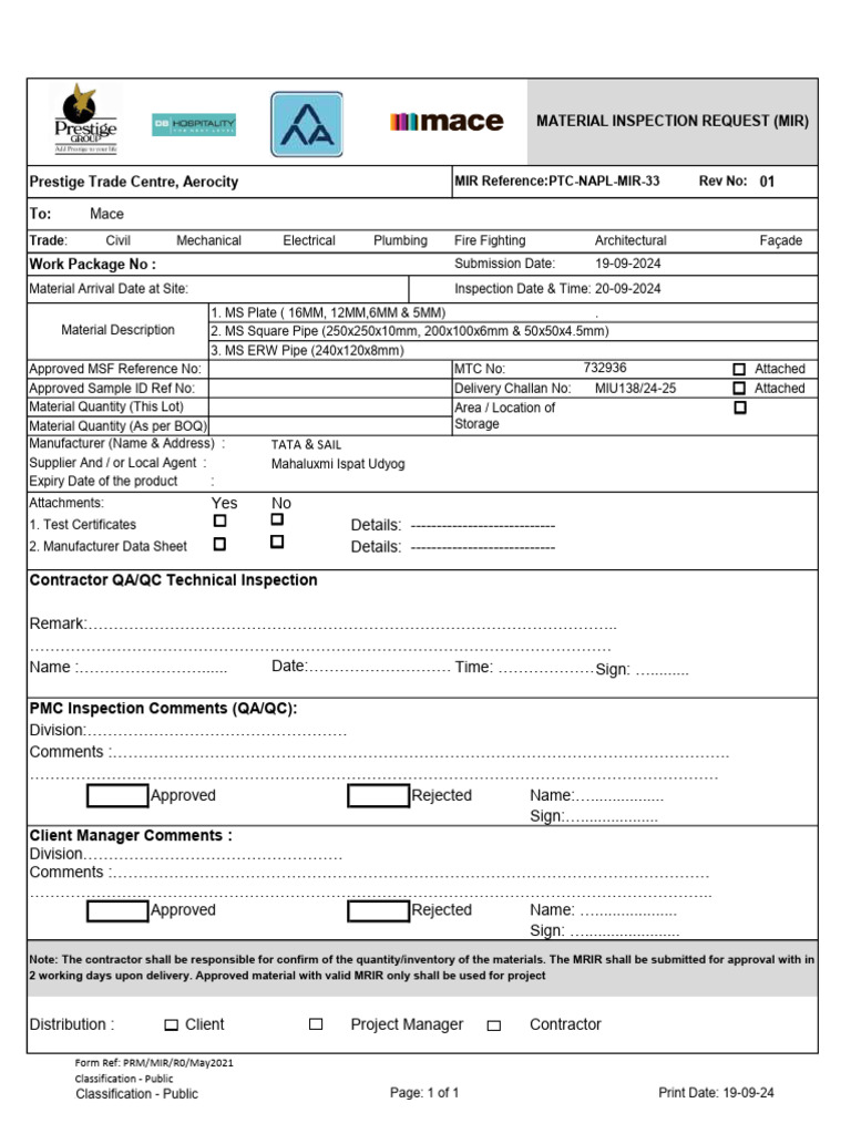 Material Inspection Request (Mir) : Rev No: MIR Reference:PTC-NAPL-MIR-33 | PDF