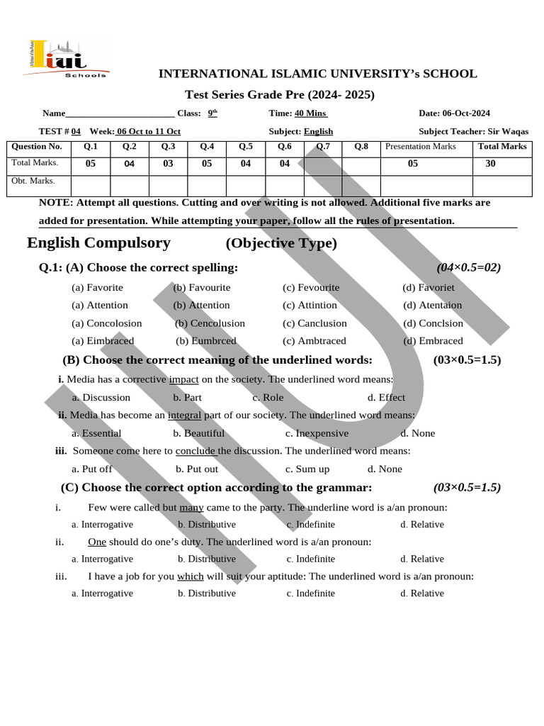 English Test 1 Pre 9th Unit 03 Complete - 123246 | PDF