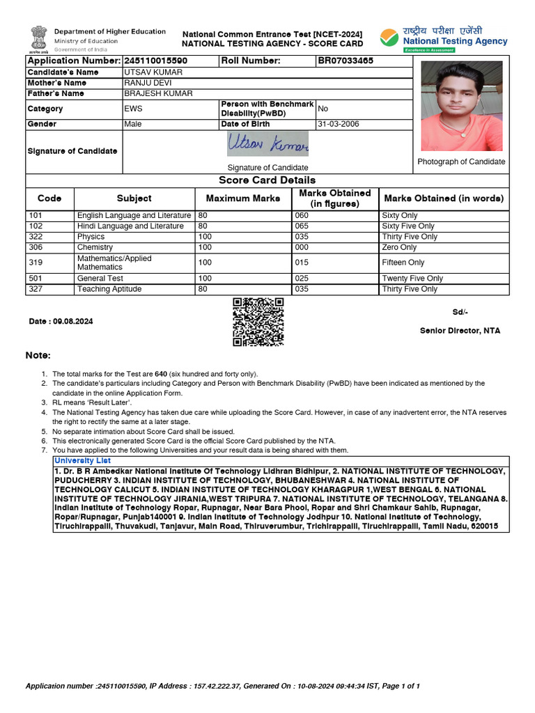 NCET Score Card | PDF