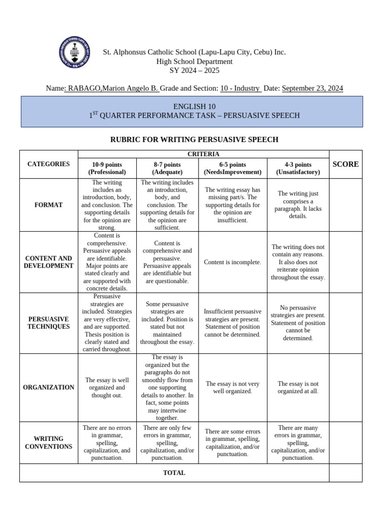 12 Performance Task Persuasive Speech | PDF