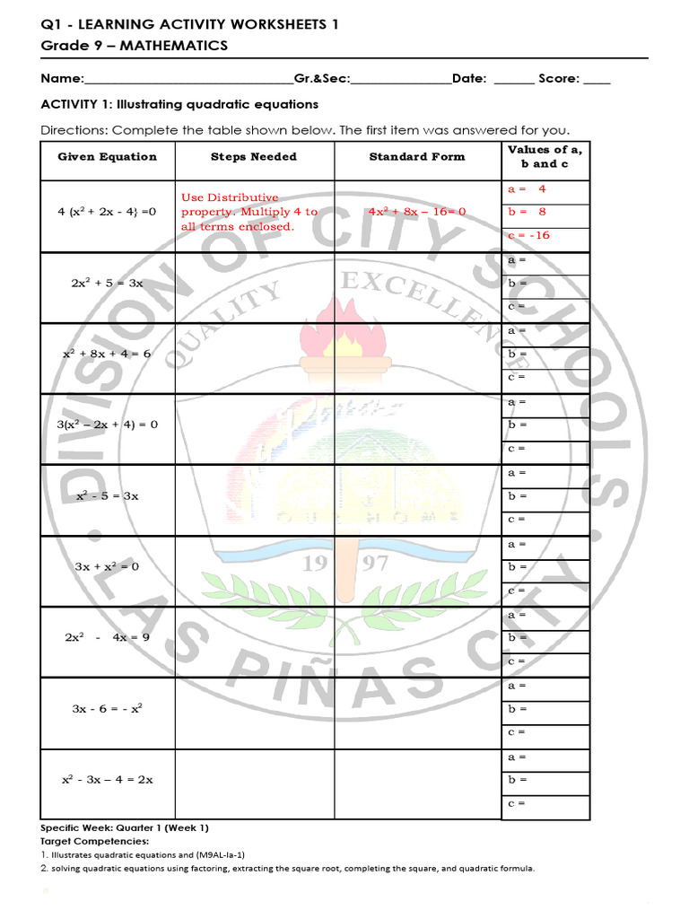 Q1 G9 Math LAW 1 | PDF