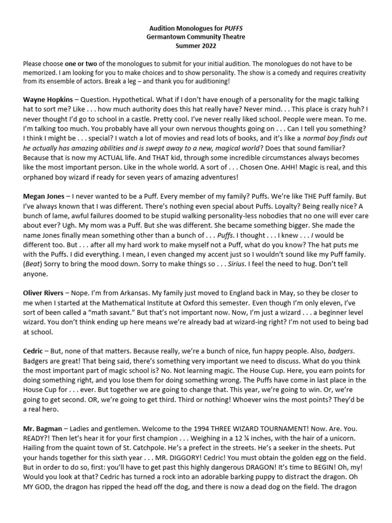 Audition Monologues For PUFFS | PDF