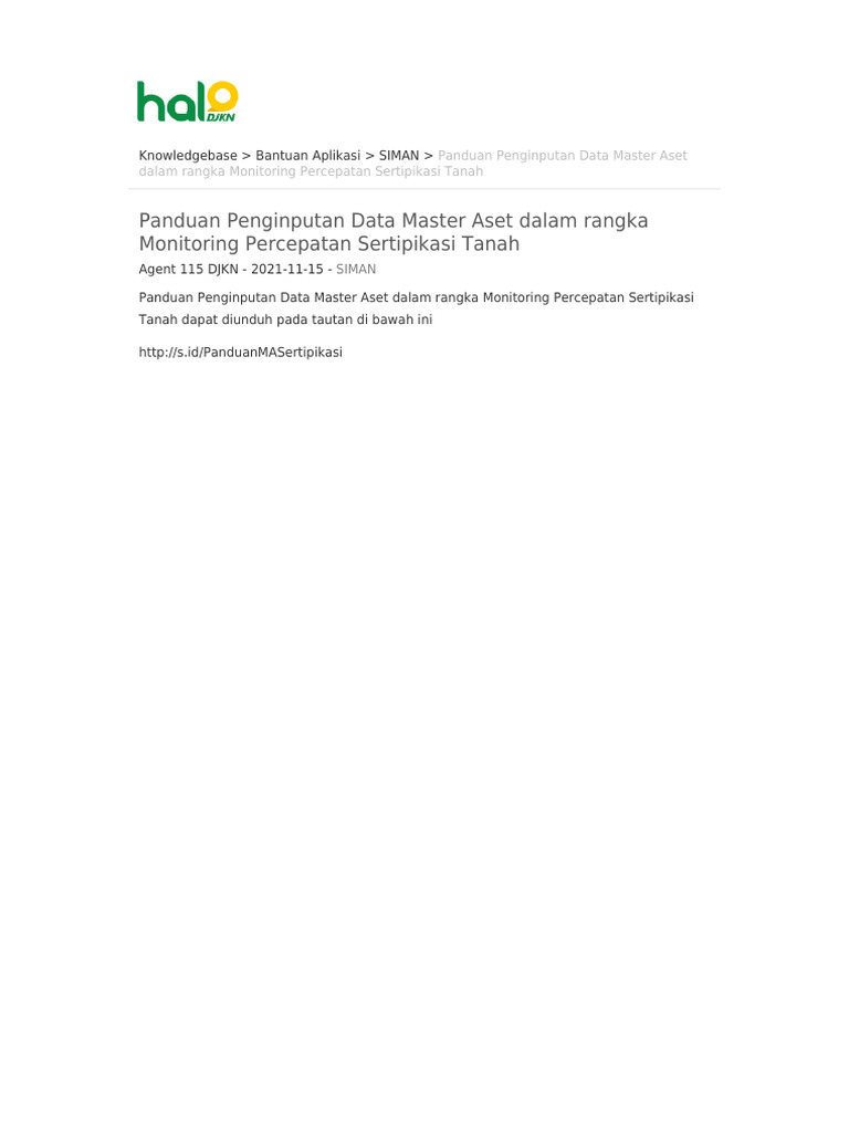 Panduan Penginputan Data Master Aset Dalam Rangka Monitoring Percepatan Sertipikasi Tanah | PDF