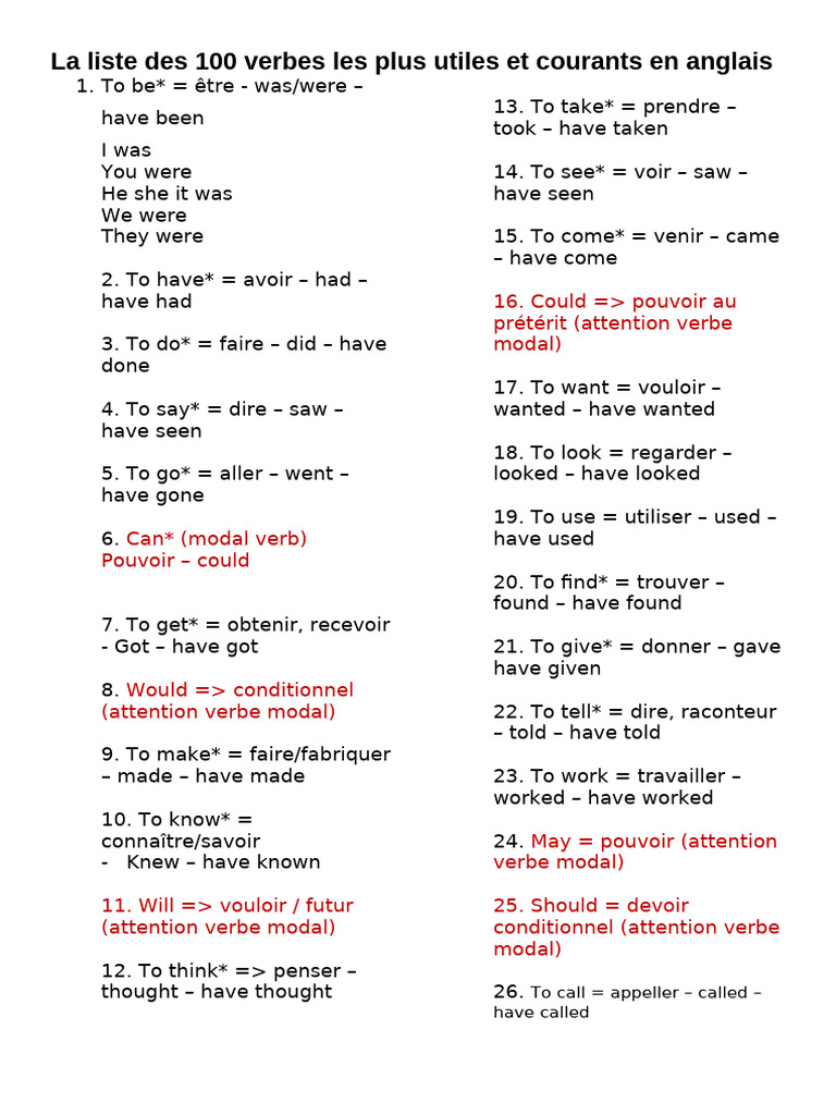 La Liste Des 100 Verbes Les Plus Utiles Et Courants en Anglais | PDF