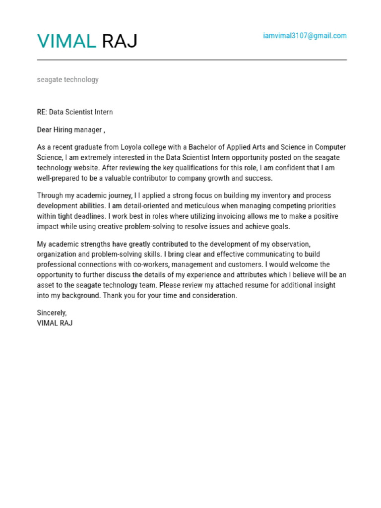 Vimal Cover Letter | PDF