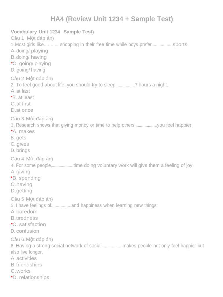 HA4 (Review Unit 1234 + Sample Test) | PDF