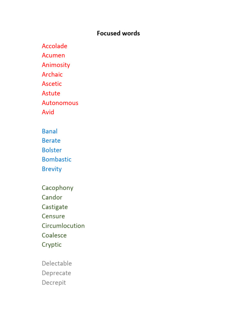 Focused Words Revision 1 | PDF