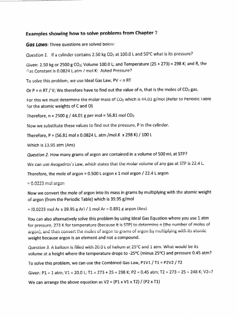 CHEM 101 - Gas Law Equation Examples | PDF