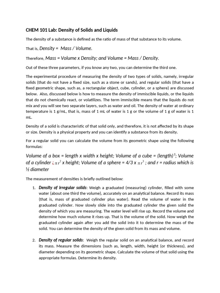 CHEM 101 Lab - Density of Solids and Liquids | PDF