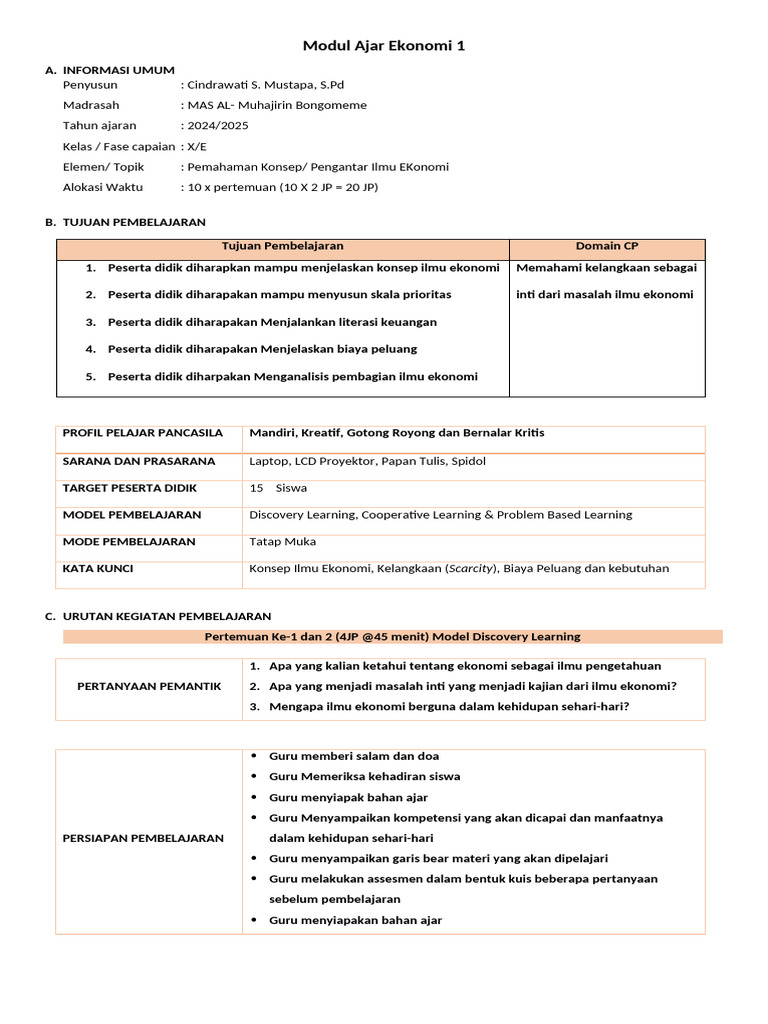 Modul Ajar Ekonomi Fase e (X) Ganjil 2024-1 | PDF