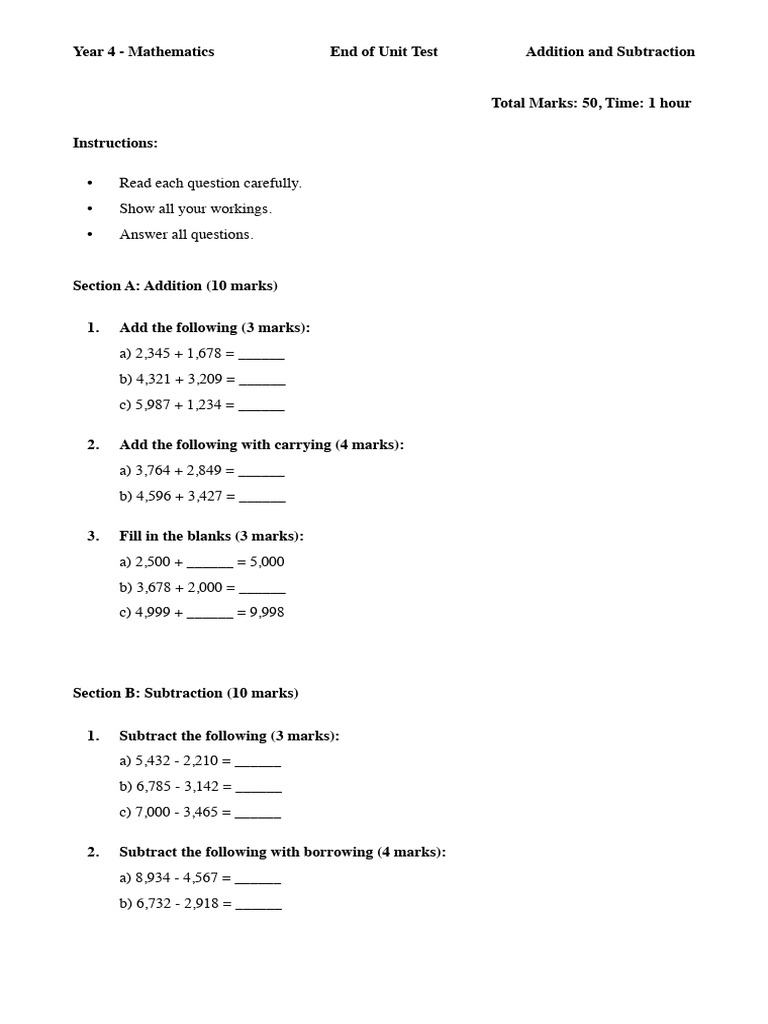 Maths Test - Addition and Subtraction | PDF
