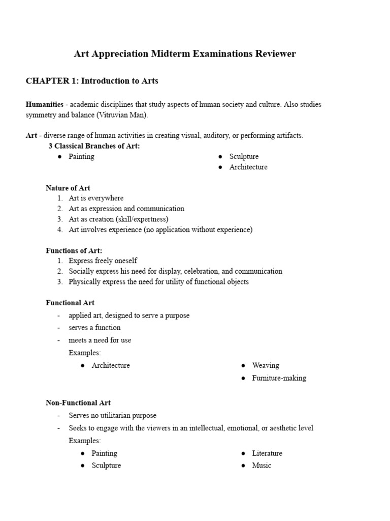 Art Appreciation Midterm Examinations Reviewer | PDF