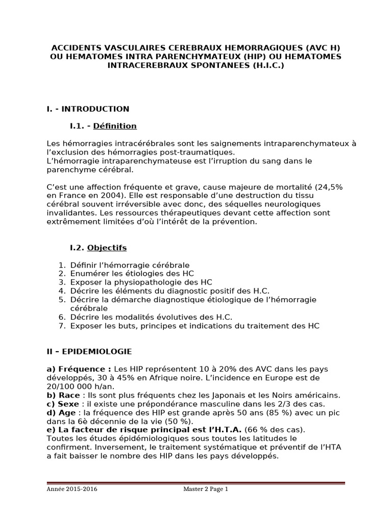 Accidents Vasculaires Cerebraux Hemorragiques Avc H Ou Hematomes | PDF