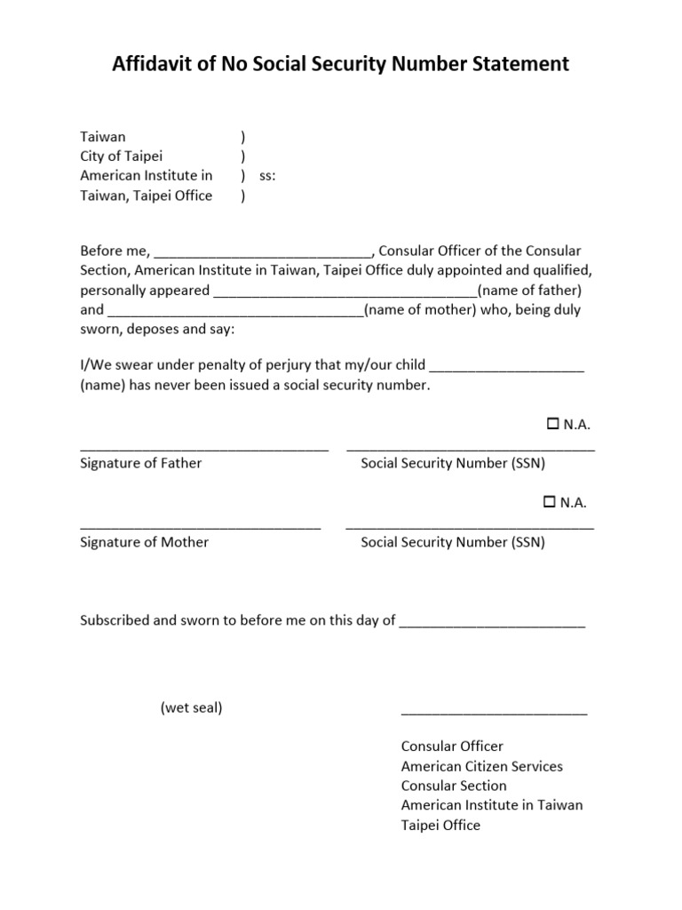 Affidavit of No Social Security Number Statement | PDF