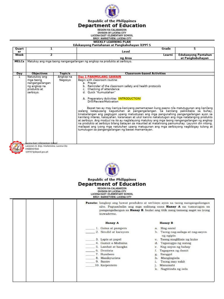 EPP 5 Week 2 Learning Plan | PDF