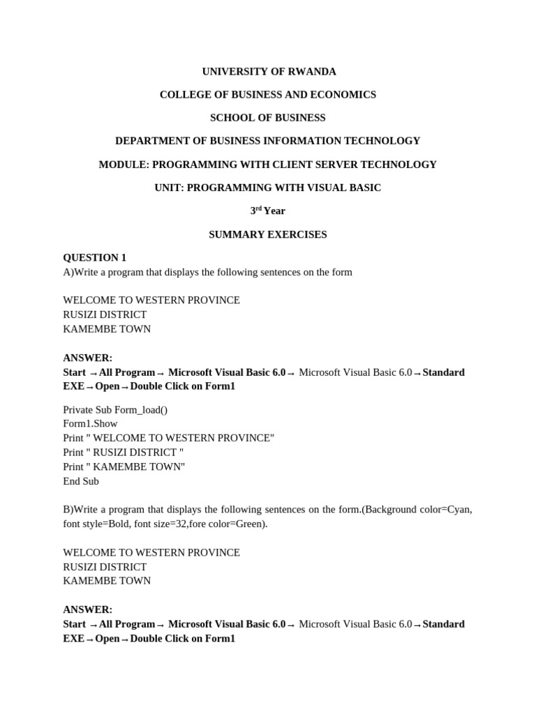 Visual Basic Summary Exercises Bit III 2022-2023 Huye Campus | PDF