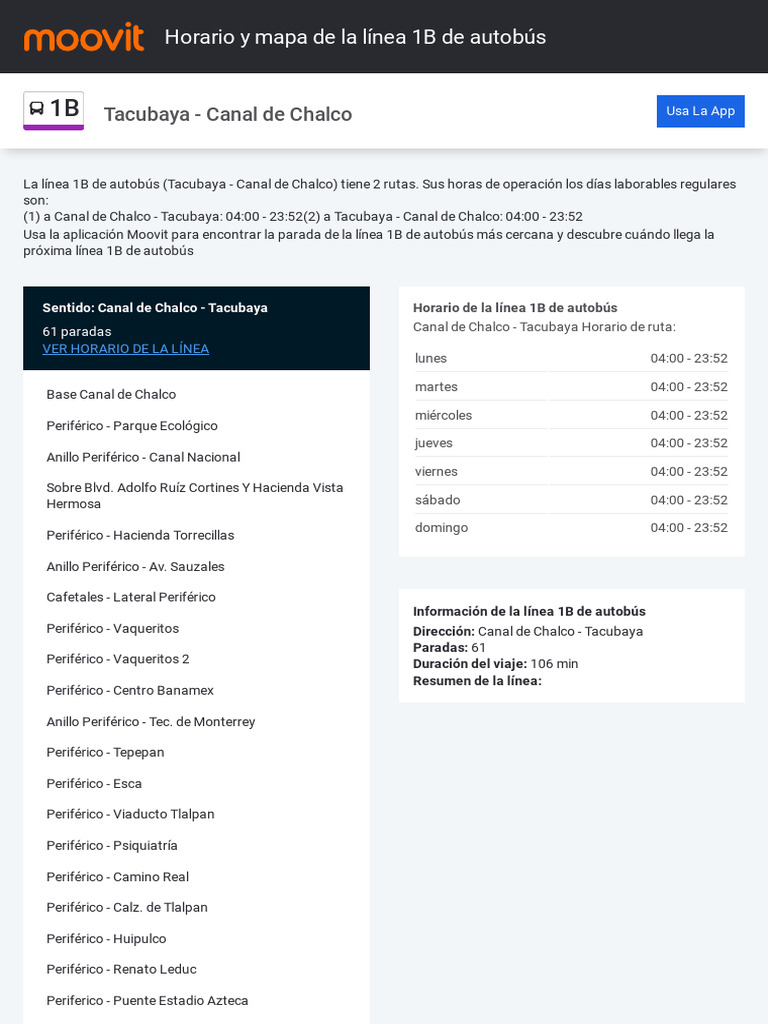 Tacubaya - Canal de Chalco: Horario y Mapa de La Línea 1B de Autobús | PDF