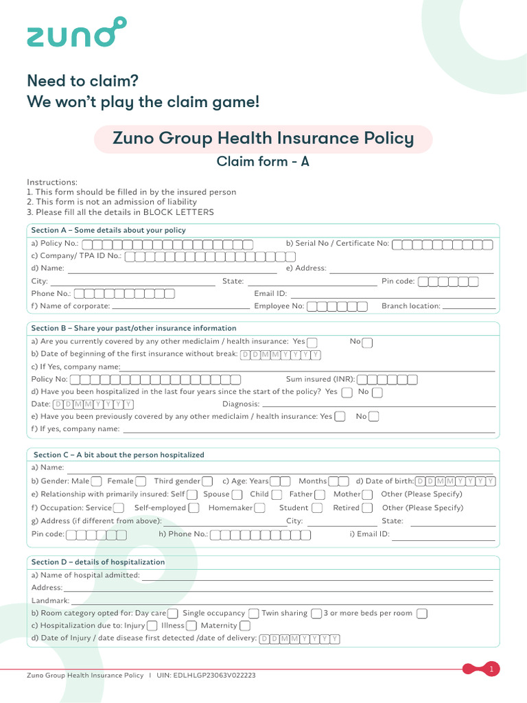 Zuno Group Health Claim Form A - V-1.0 | PDF
