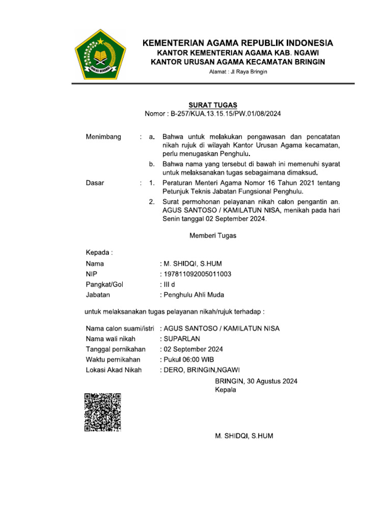 Surat Tugas AGUS SANTOSO KAMILATUN NISA | PDF