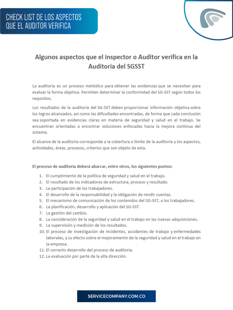 Check List Aspectos Que El Auditor Verifica en La Auditoria SG SST | PDF