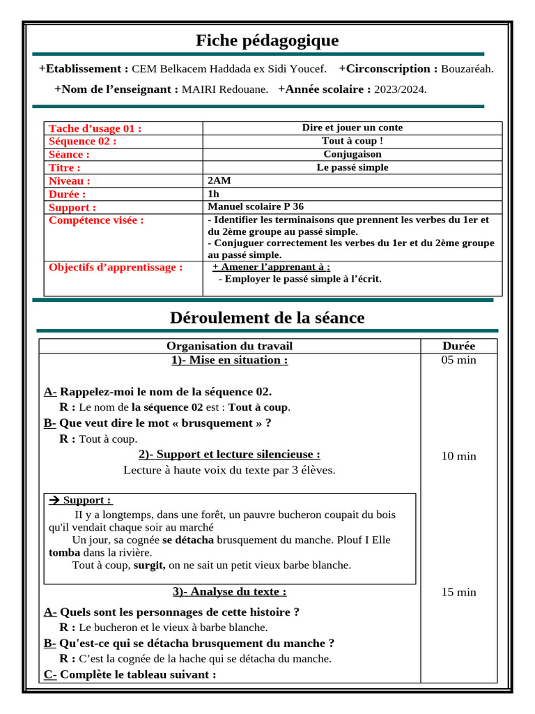 Fiche 05 - Fiche Pédagogique - 2AM - P1S2 - Conjugaison - Le Passé ...