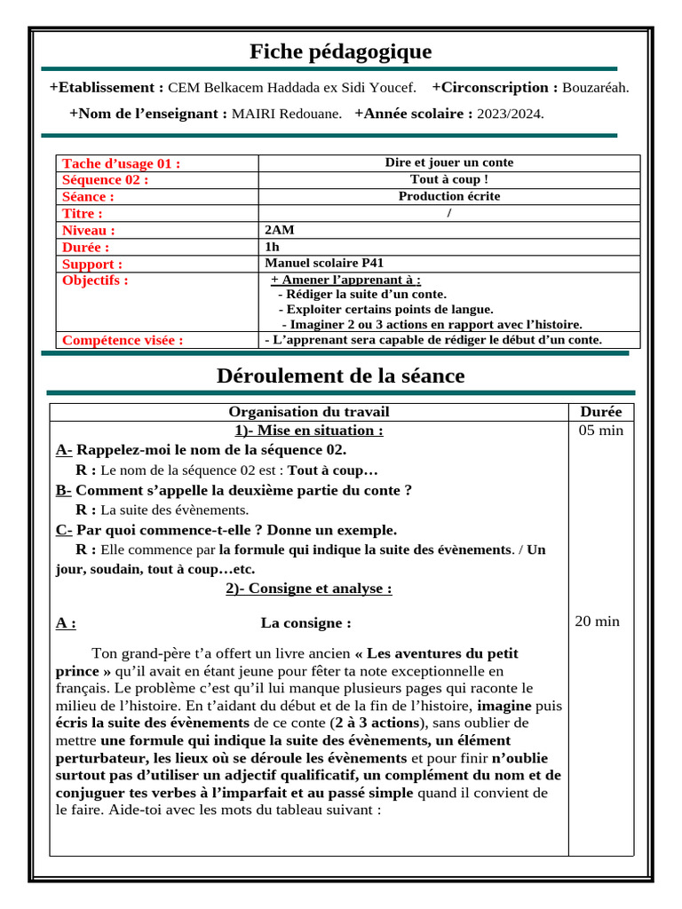 Fiche 08 - Fiche Pédagogique - 2AM - P1S2 - Production Écrite | PDF