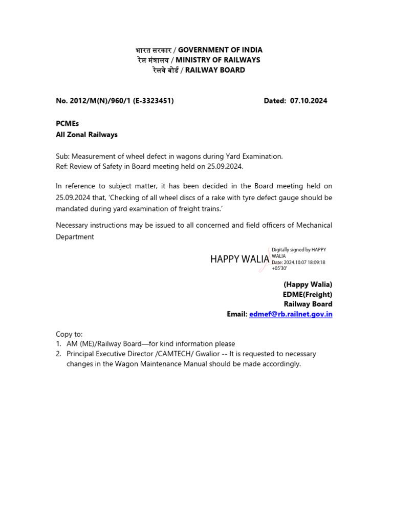 Letter To All PCMEs For Measurement of Wheel Defect in Wagons During ...