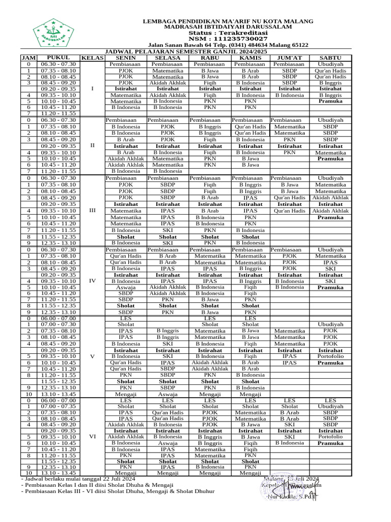 Jadwal MI Darussalam 24-25 | PDF