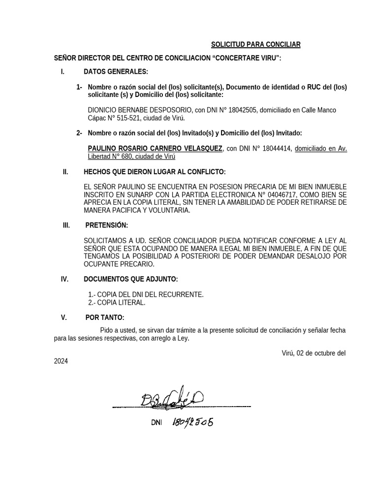 SOLICITUD PARA CONCILIAR DIONICIO | PDF