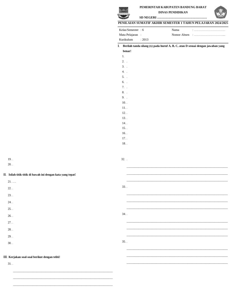 Format Master Soal Sas 1 2024 2025 Kurtilas Kelas 6 | PDF