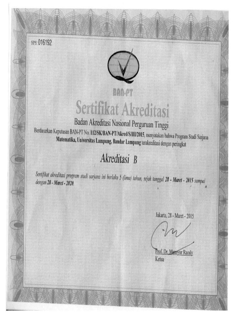 Sertifikat Akreditasi S1 Matematika 2015 2020 | PDF