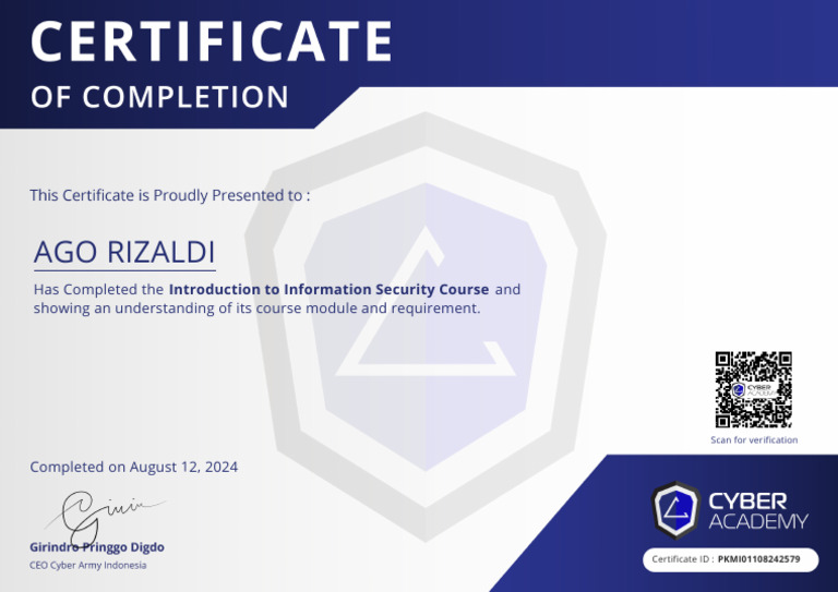 Certificate of Completion Introduction To Information Security | PDF ...