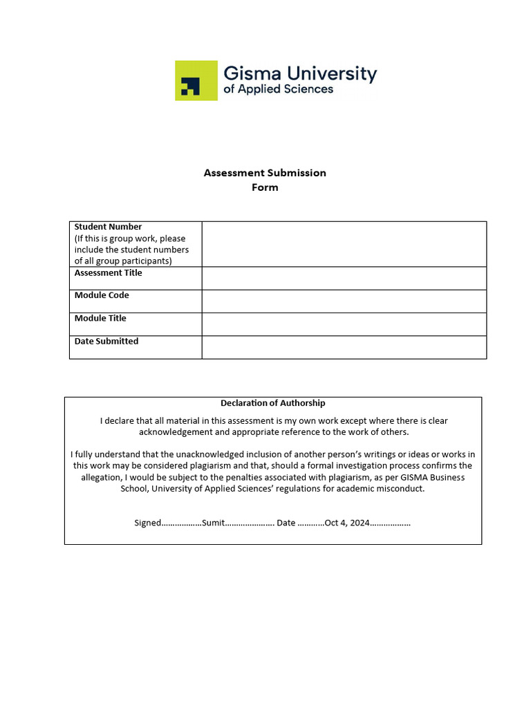 Assessment Submission Form: Student Number | PDF