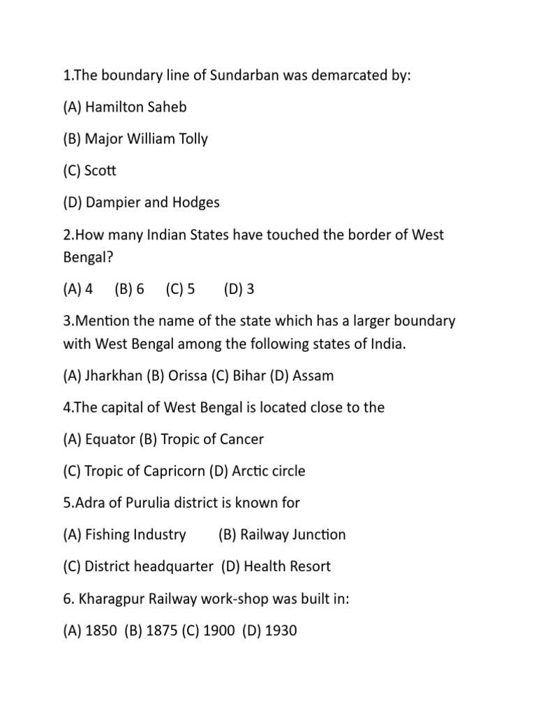West Bengal Geography Quiz MCQs | PDF | Bengal | Business