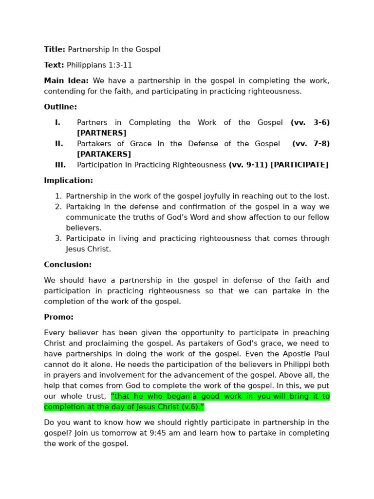 Partnership in The Gospel Sermon Manuscript | PDF