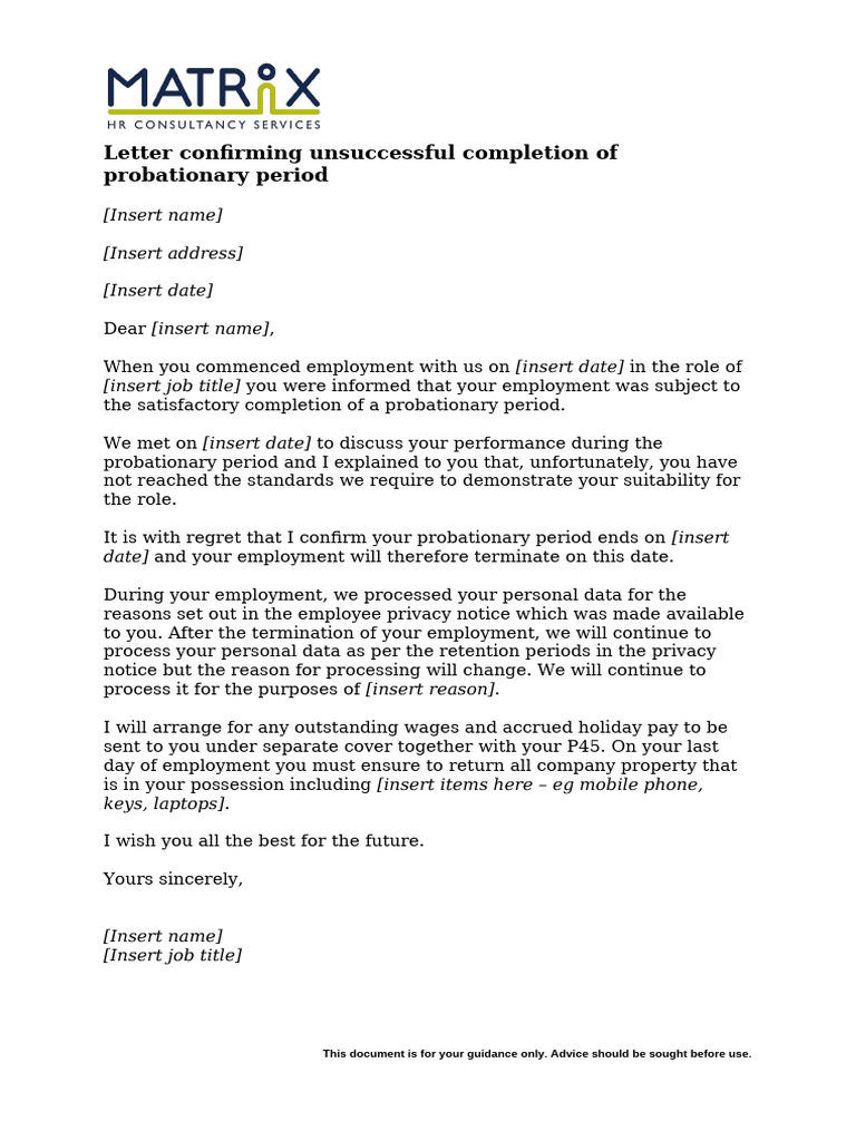 Letter Confirming Unsuccessful Completion of Probationary Period | PDF