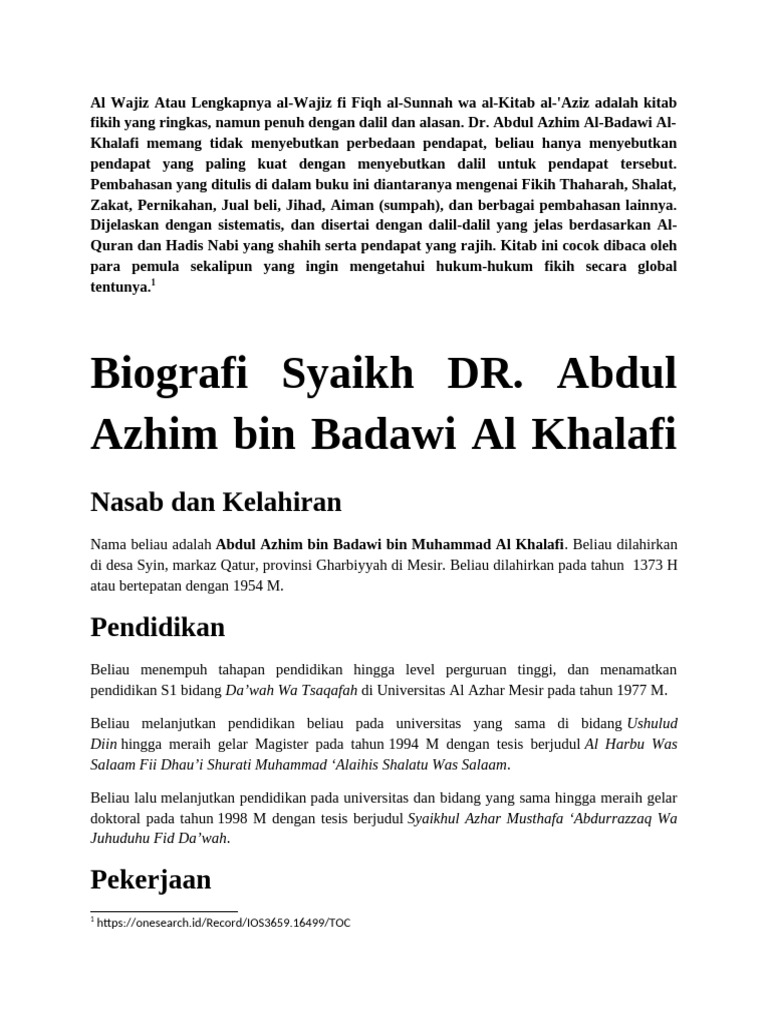 Pengenalan Buku Dan Biografi Syaikh Abdul Azhim Bin Muhammad Badawi Al ...