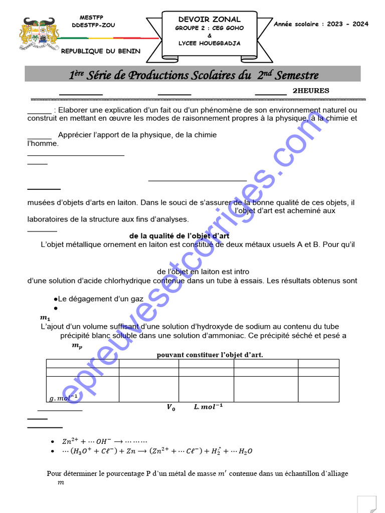 Epreuve de PCT 3ème 1er Devoir Du 2eme Semestre 2023-2024 CEG GOHO | PDF